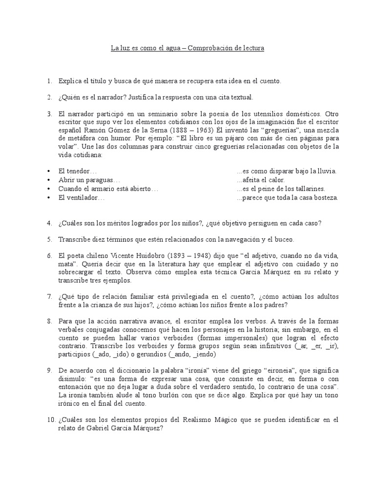 La Luz Es Como El Agua Actividad | PDF | Cuentos