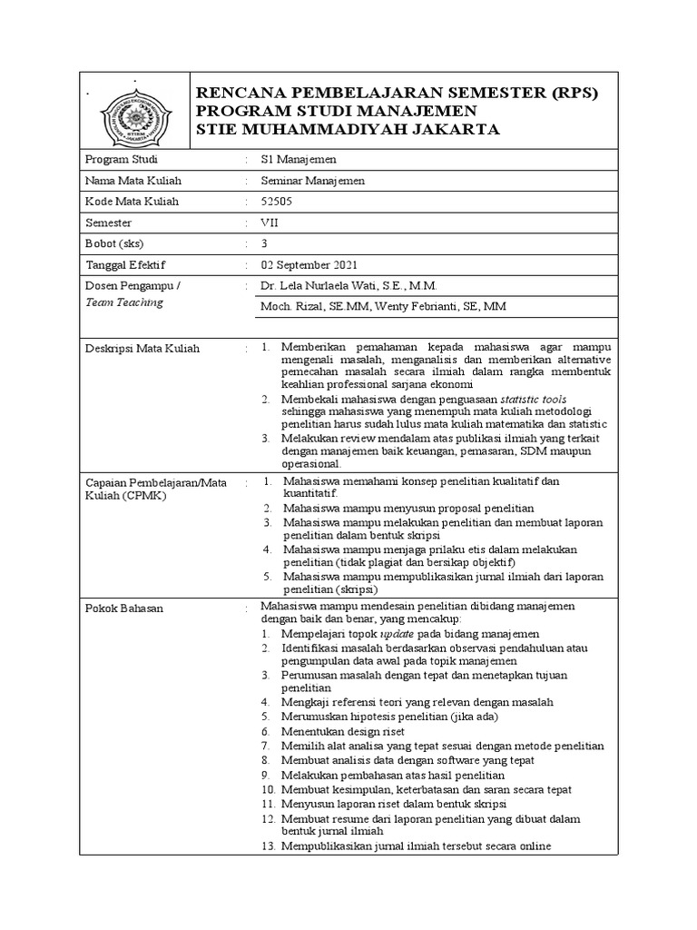 RPS SEMINAR MANAJEMEN - DR Lela | PDF | Seni