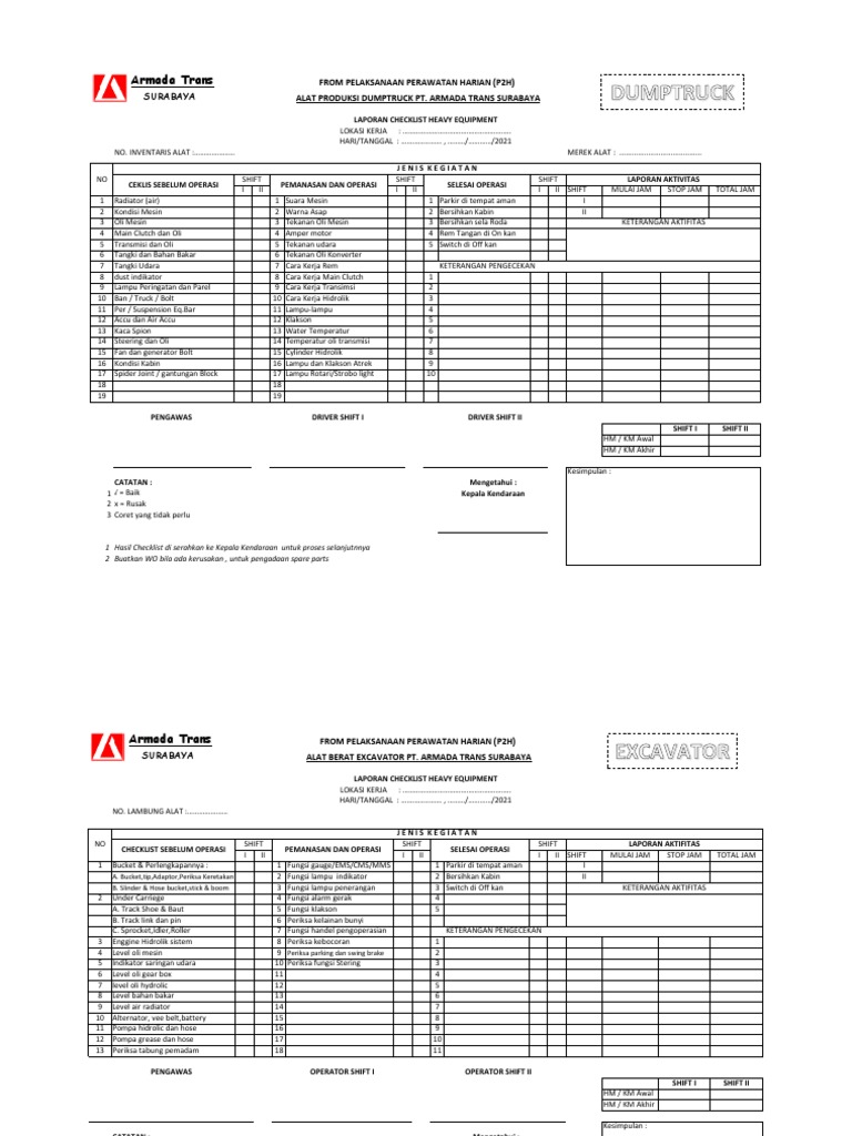 Laporan Checklist P2H Alat Berat | PDF