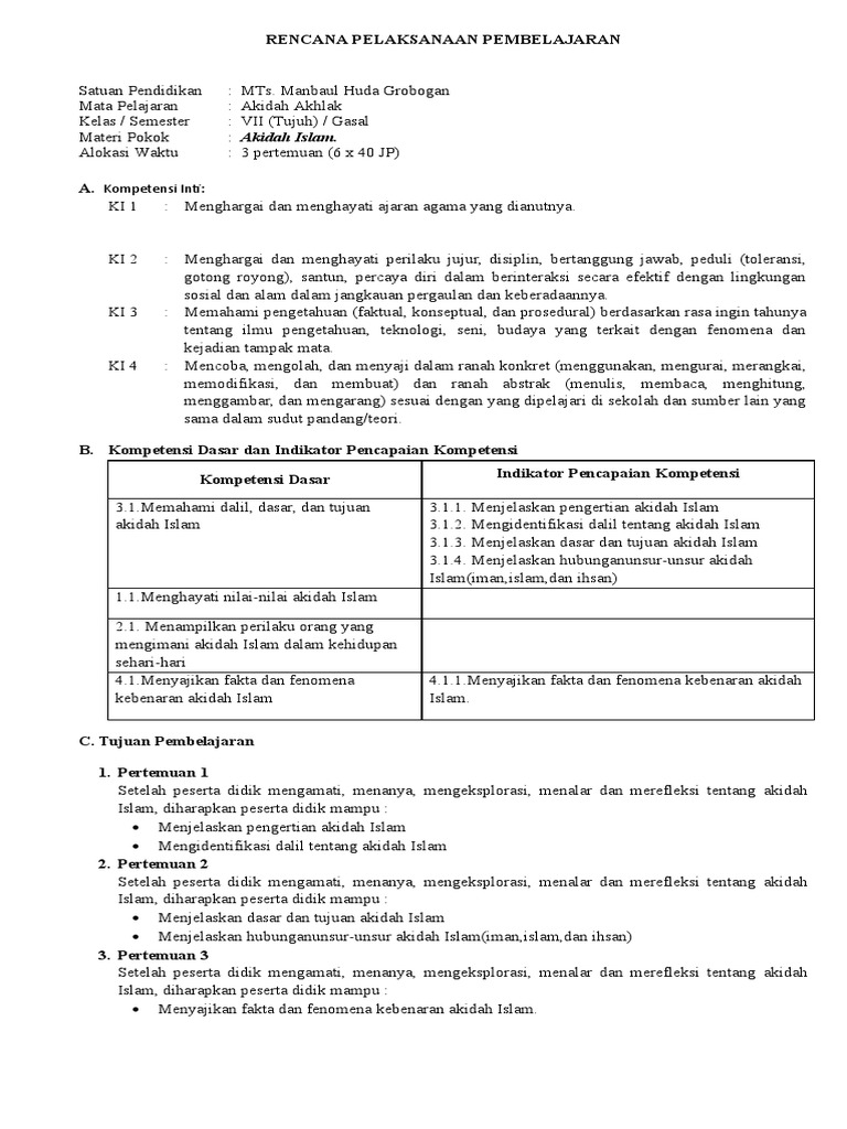 RPP Akidah Akhlak MTs Kelas 7 Semester 1 | PDF