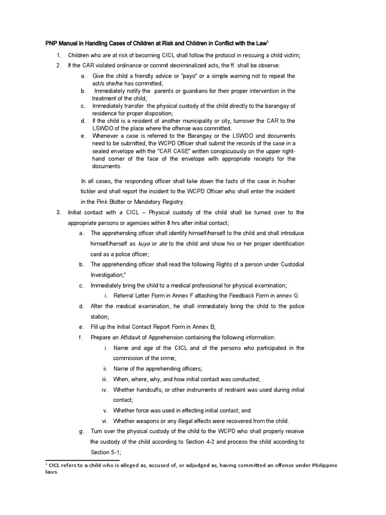 PNP Manual in Handling Cases of Children at Risk and Children in ...