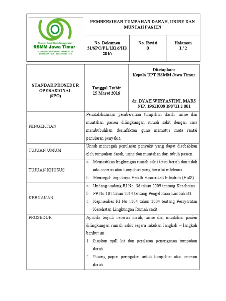 Spo Pembersihan Tumpahan Darah, Urine Dan Muntah Pasien | PDF