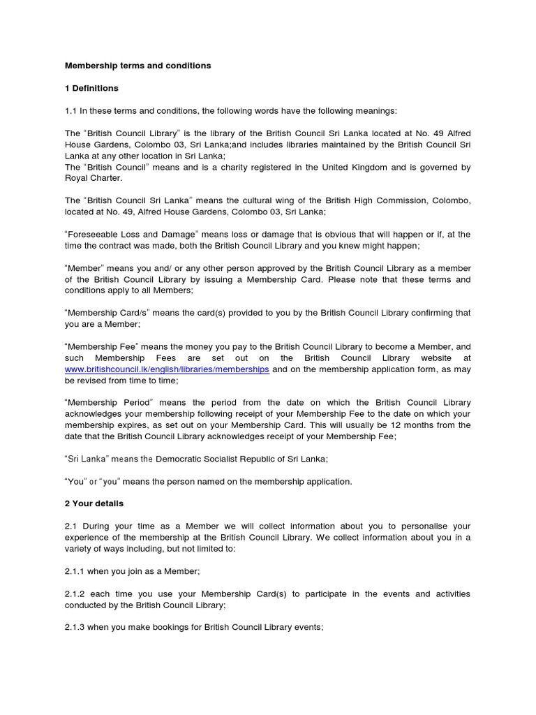British Council Library Membership Terms | PDF | Libraries | Fee