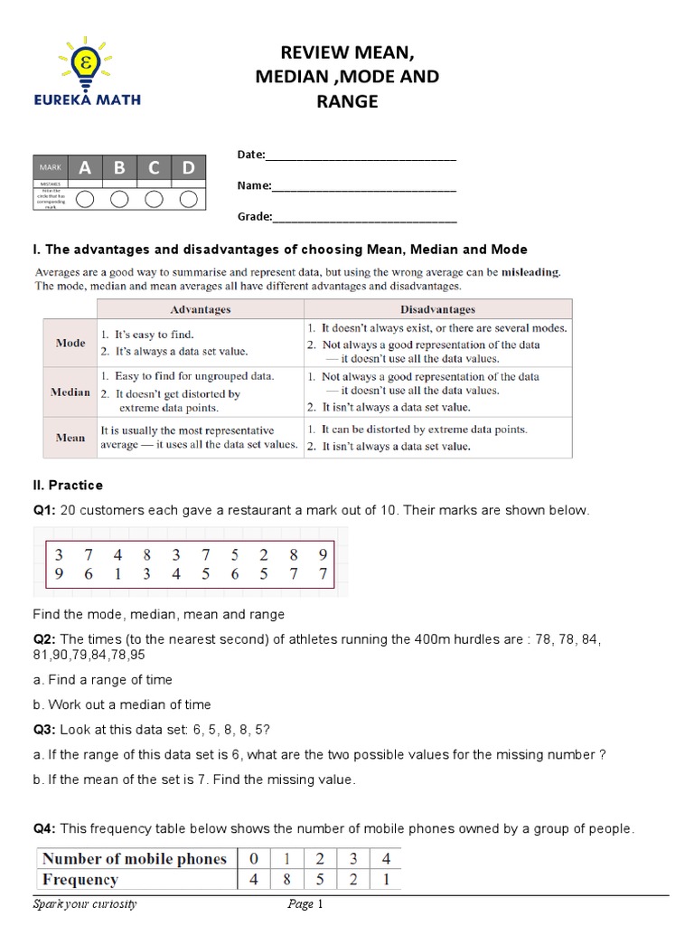 Review Mean, Median, Mode and Range | PDF | Mathematics | Median