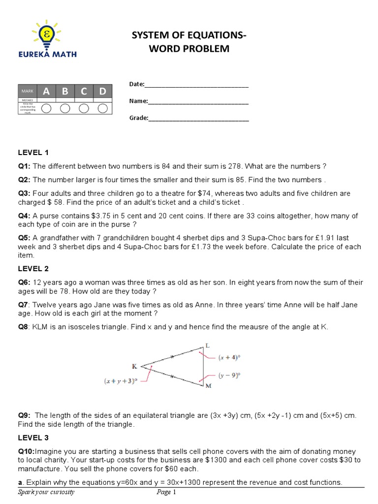 EM - REVIEW - System - of - Equation - Word - Problem - Doc | PDF