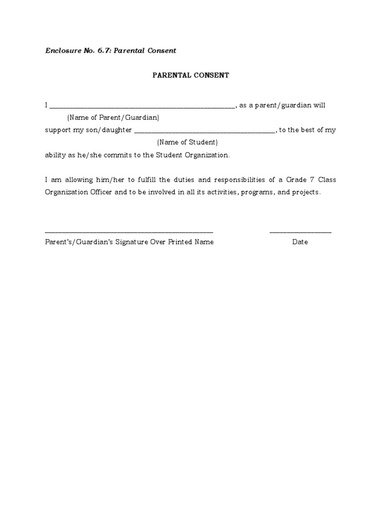 Enclosure No. 6.7: Parental Consent | PDF | Social Institutions