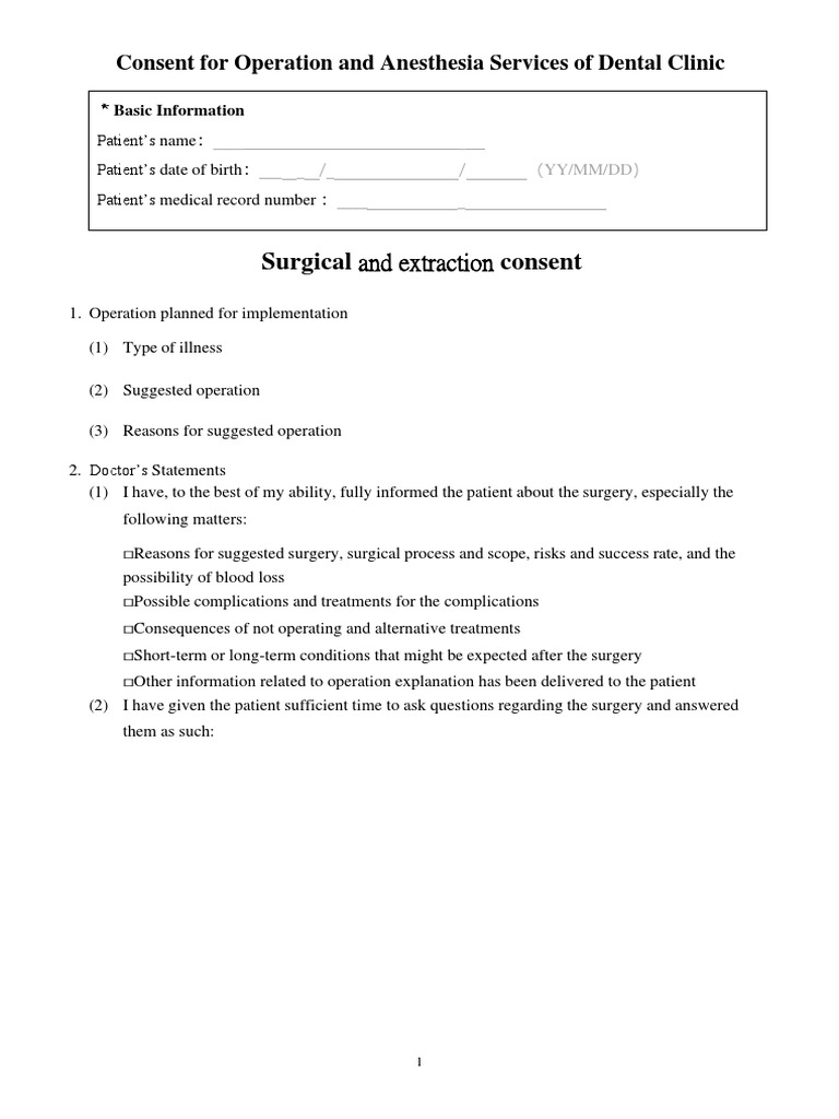 Surgical and Extraction Consent: Consent For Operation and Anesthesia ...