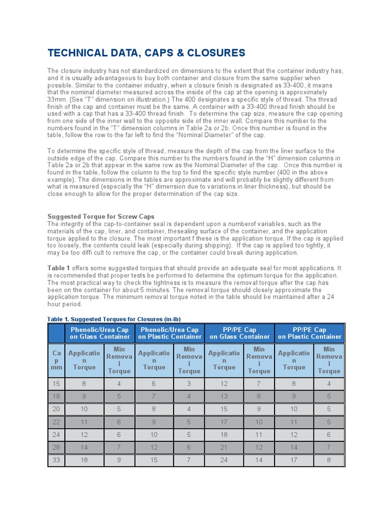 Technical Data, Caps & Closures | Download Free PDF | Silicone ...