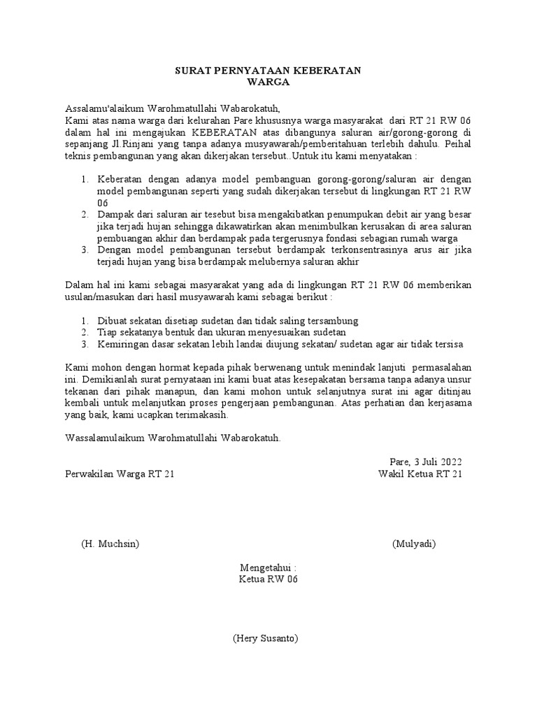 Surat Pernyataan Keberatan Warga | PDF