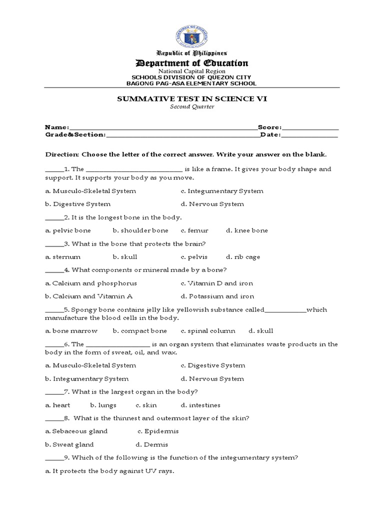 Grade 6 Science 2nd Quarter Exam | PDF | Lung | Integumentary System