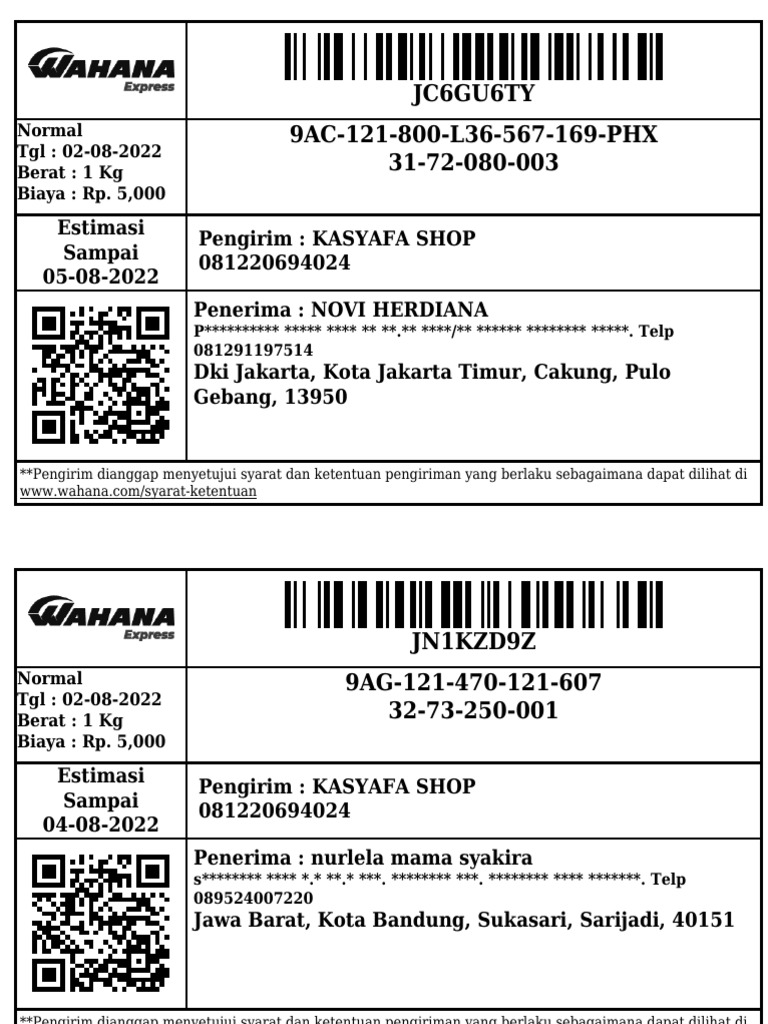 Contoh Resi Pengiriman Wahana Express | PDF