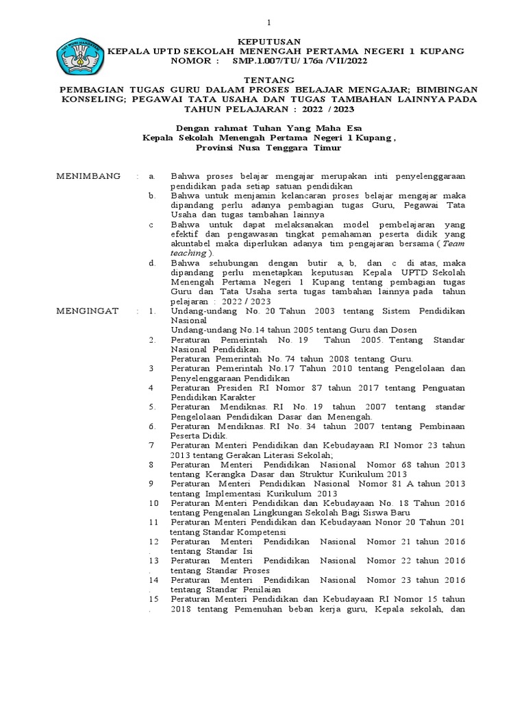 SK Pembagian Tugas 2022 - 2023 | PDF