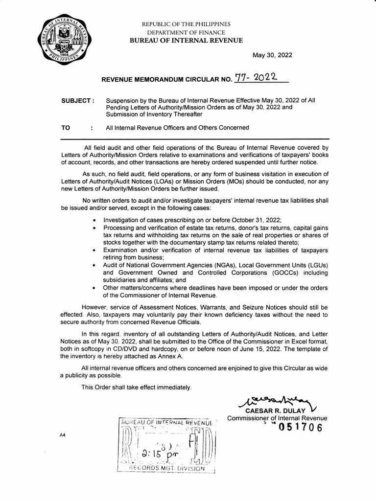 RMC No. 77-2022 (Stoppage of LOA Issuance 2022) | PDF | Internal ...