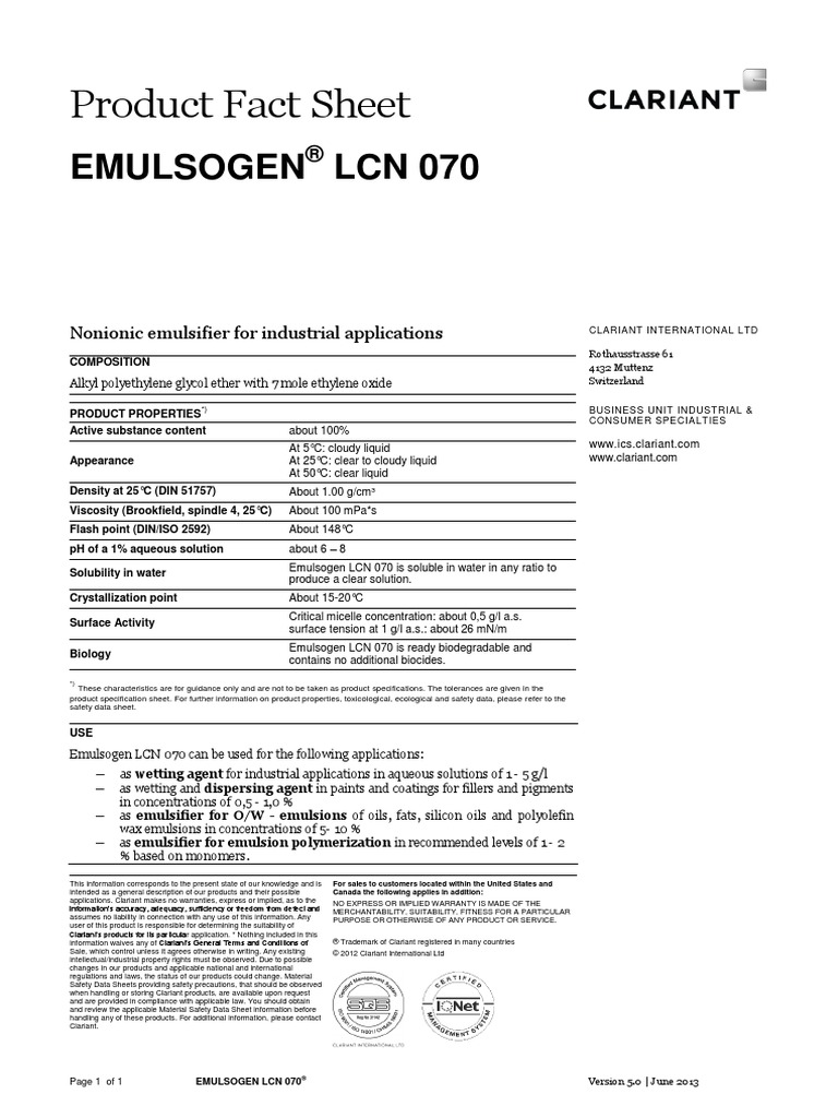 Emulsogen LCN 070 (TDS) | PDF | Emulsion | Liquids