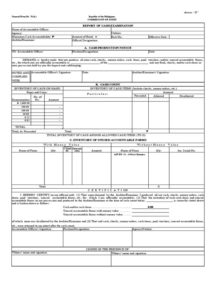 Report of Cash Examination: Republic of The Philippines General Form No ...