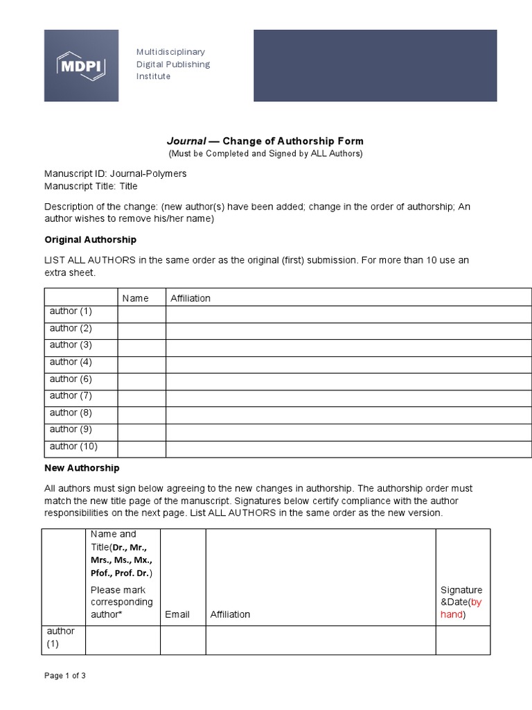Journal - Change of Authorship Form: Multidisciplinary Digital Publishing Institute | PDF ...