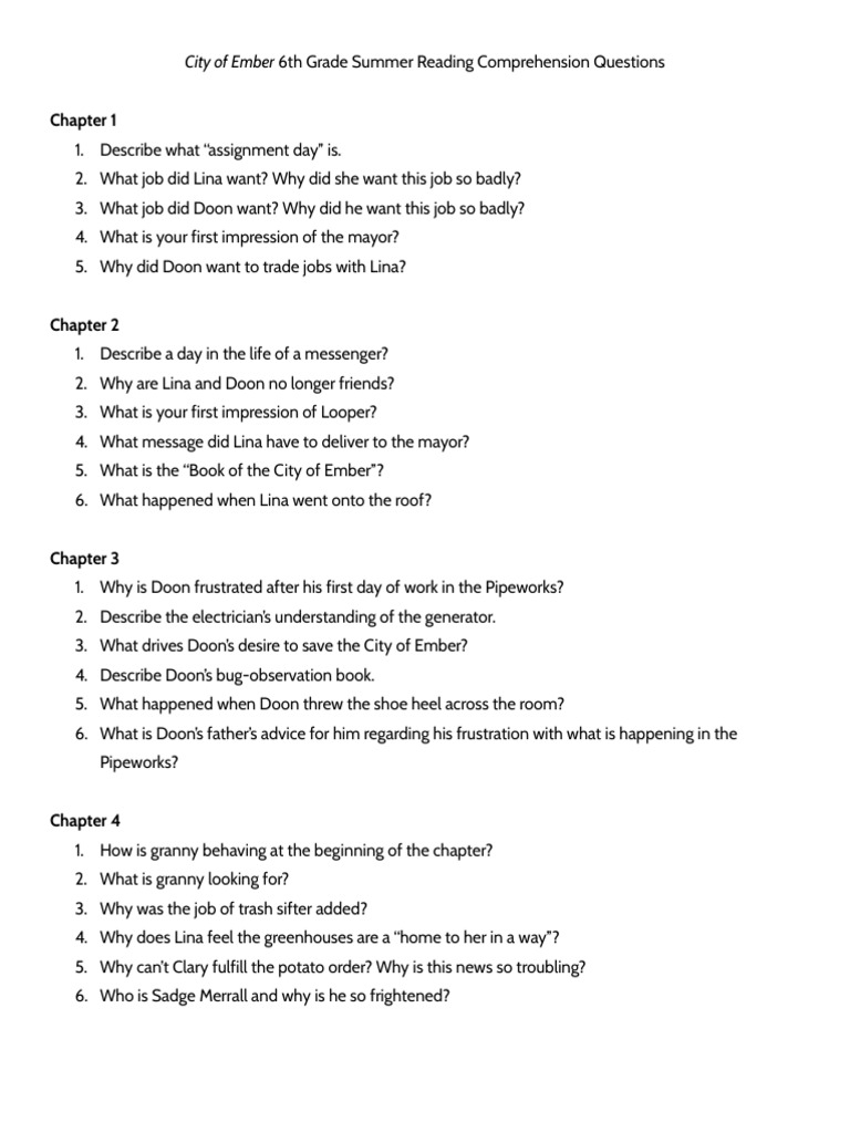 Comprehension Questions for City of Ember Chapters 1-20 | PDF