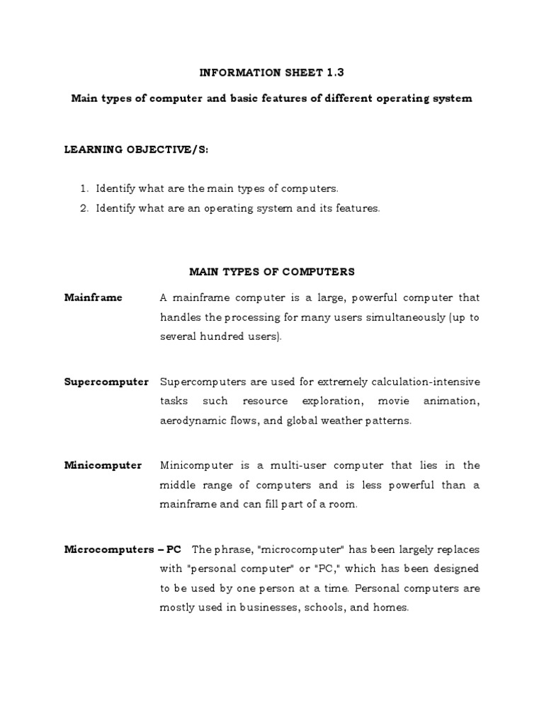 Computer Types & OS Features Guide | PDF | Operating System | Microsoft ...
