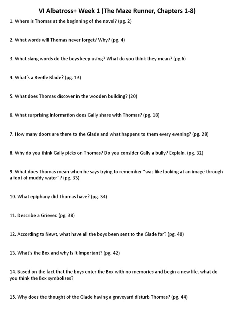 Maze Runner Homework Comprehension Questions | PDF