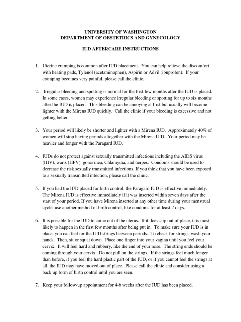 IUD Aftercare Instructions | PDF | Sexual Health | Human Reproduction
