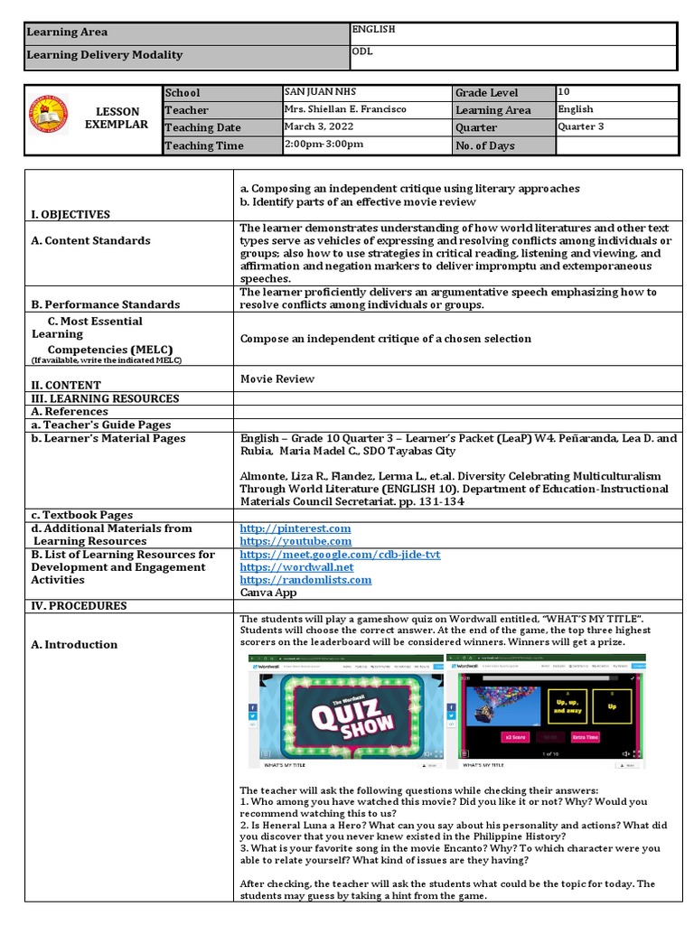 Grade 10 Movie Review Lesson Plan | PDF | Learning | Communication