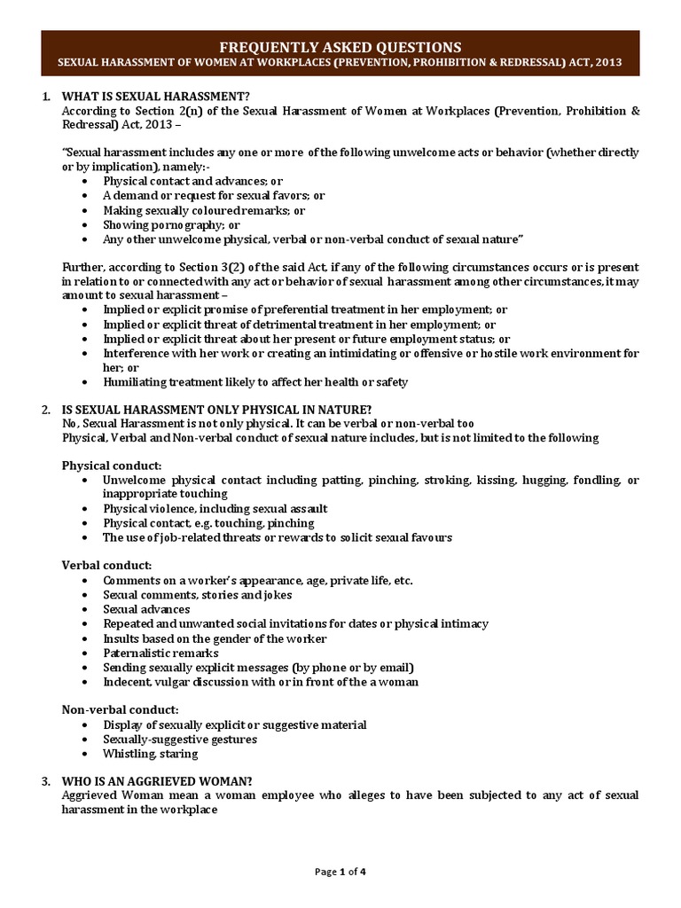 Frequently Asked Questions: Sexual Harassment of Women at Workplaces ...