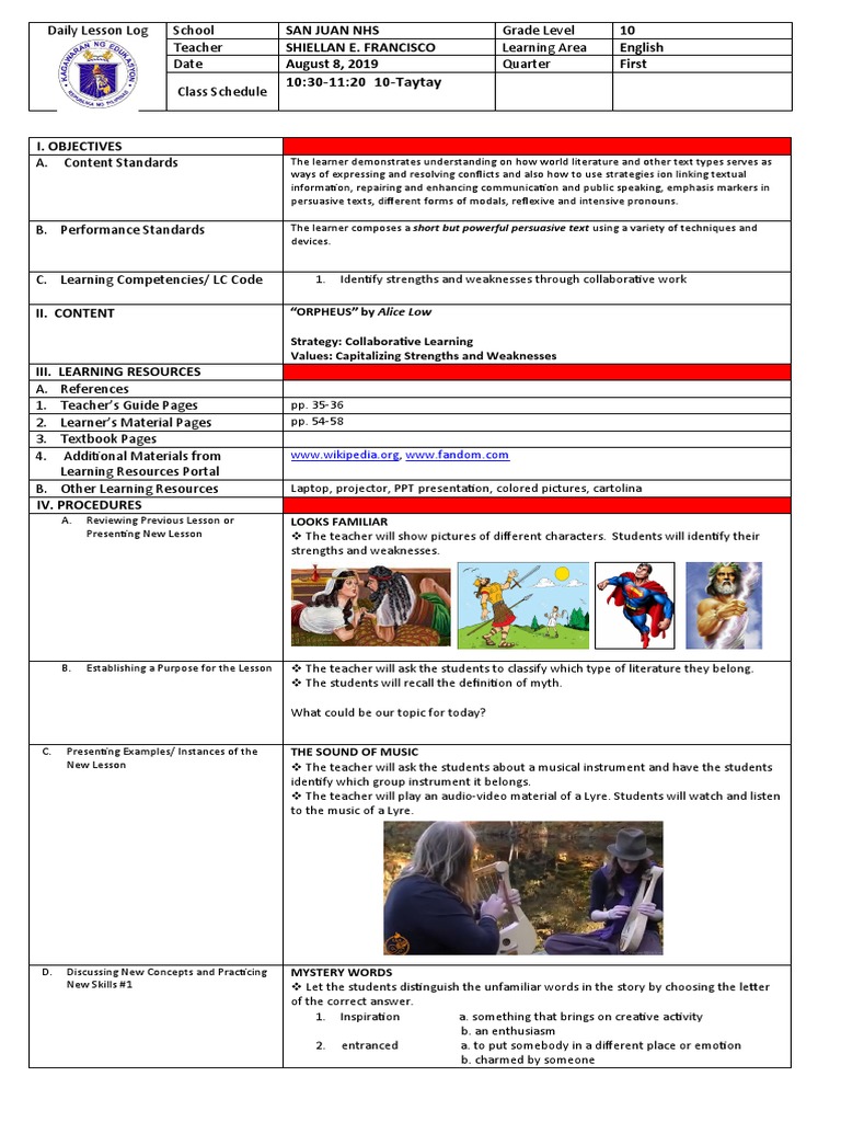 Lesson Plan For Grade 10 - Orpheus | PDF | Learning | Teachers