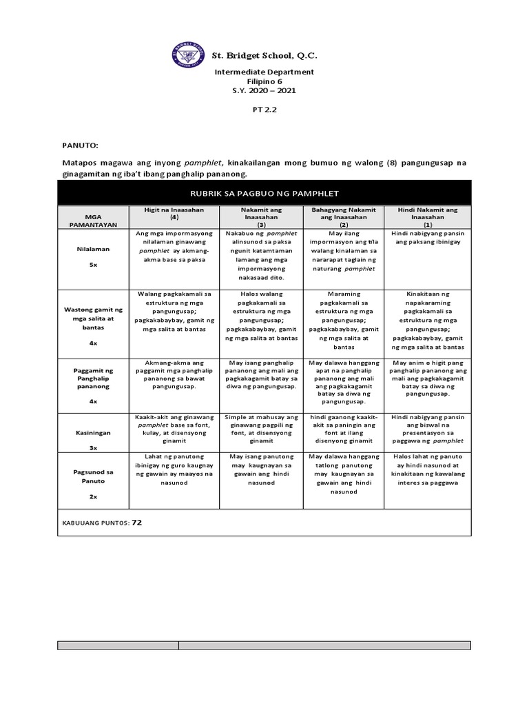 Filipino 6 - PT2.2 (Rubric) | PDF