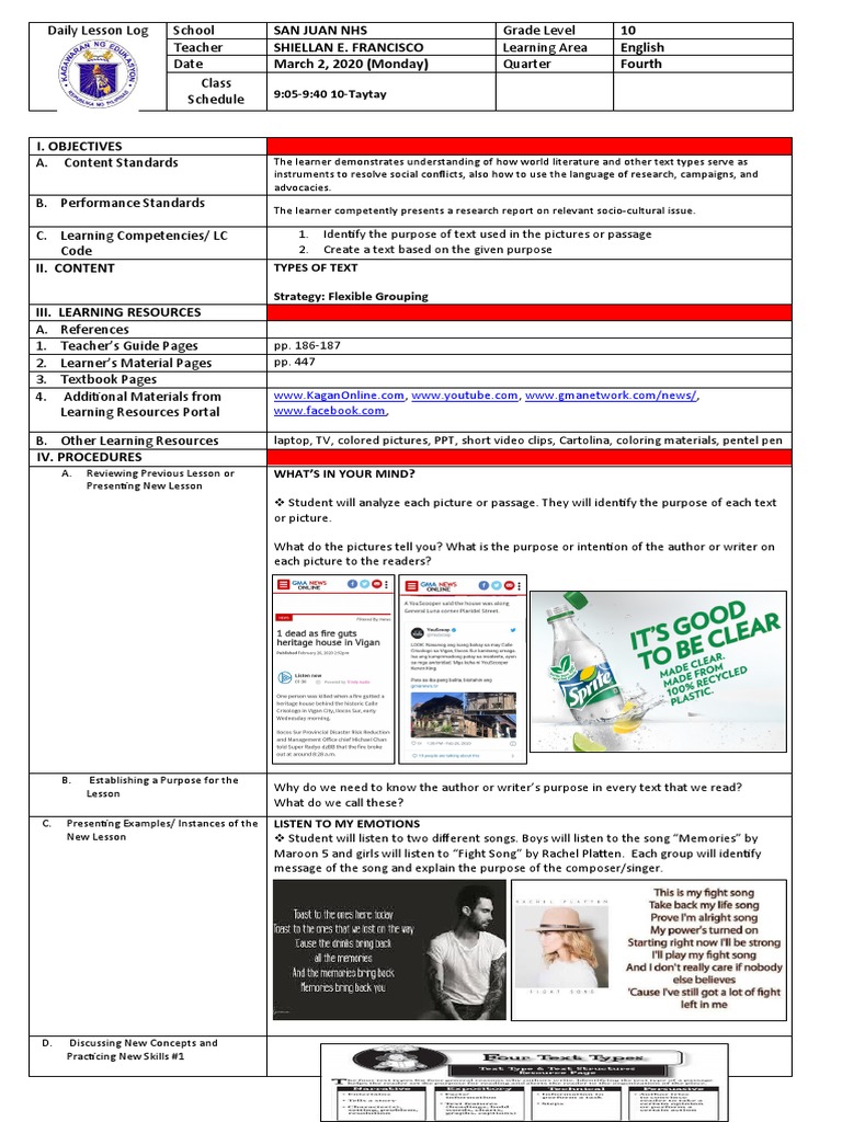 Lesson Plan For Grade 10 - Types of Text | PDF | Learning | Teachers