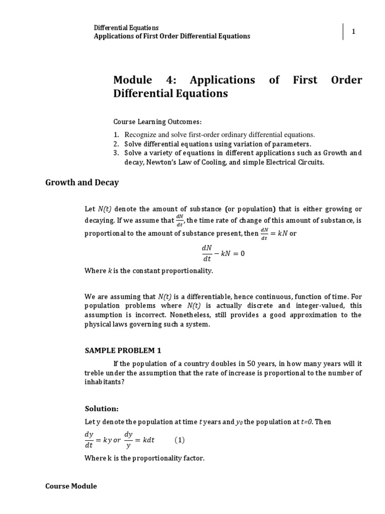 W4 Applications of First Order Differential Equations - Module | PDF ...