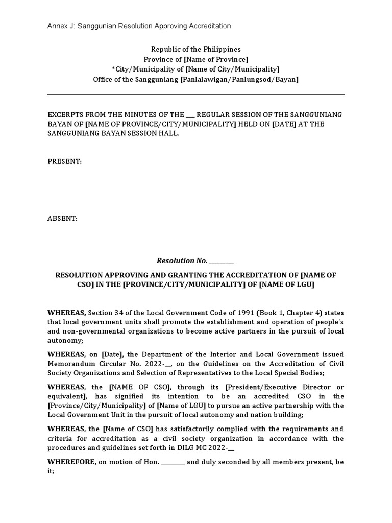 Annex J: Sanggunian Resolution Approving Accreditation | PDF | Local ...