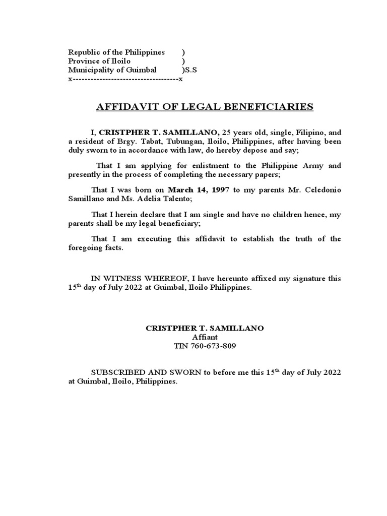 Affidavit Beneficiary and Singleness | PDF | Affidavit | Legal Documents