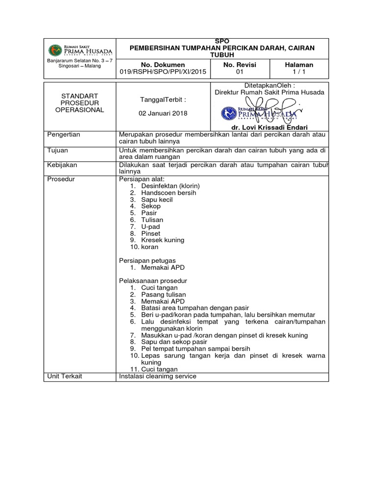 Ppi 35. Spo Pembersihan Tumpahan Percikan Darah, Cairan Tubuh | PDF