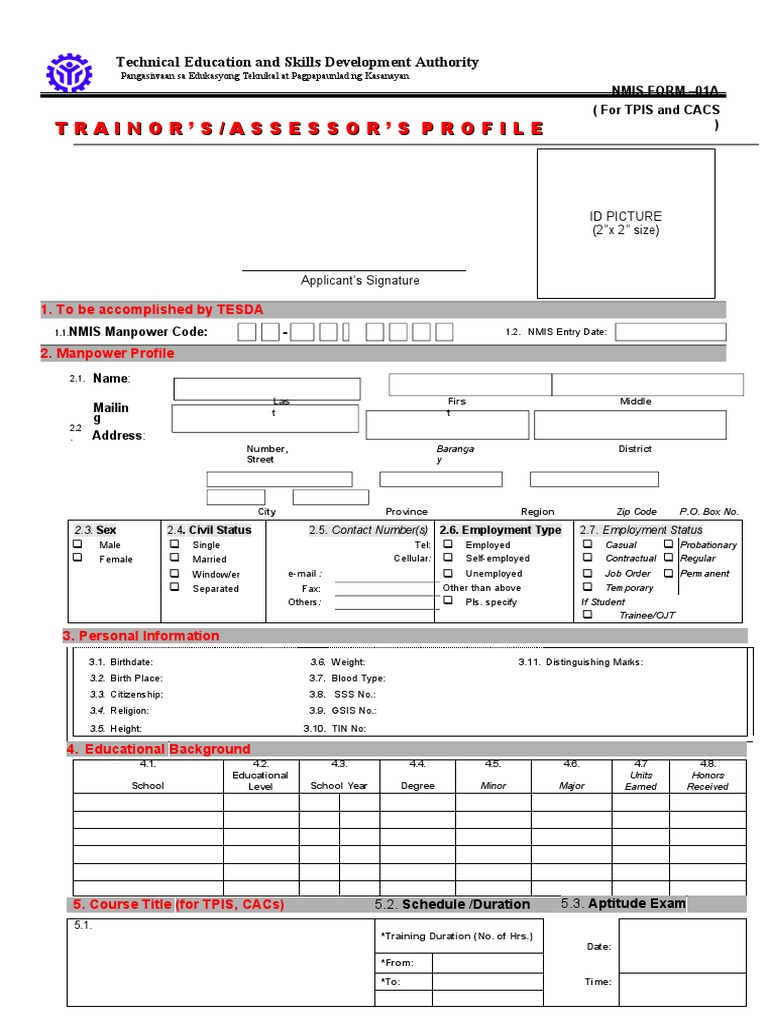 TESDA Trainer Assessor Profile Form | PDF