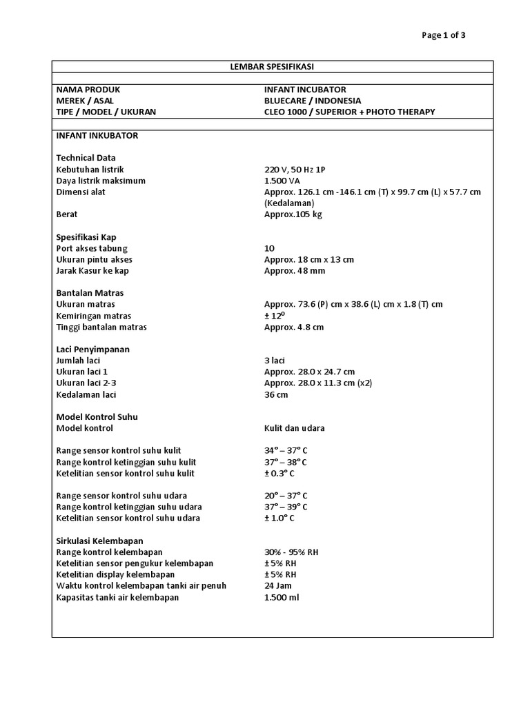 Spesifikasi Sheet - Infant Incubator Blue Care CLEO SUPERIOR 1000 With ...