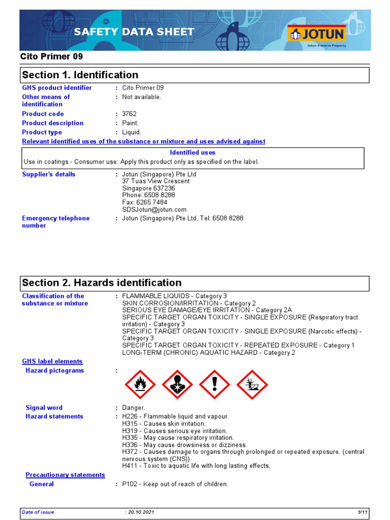 SDS Jotun Cito Primer 09 | PDF | Firefighting | Chemistry