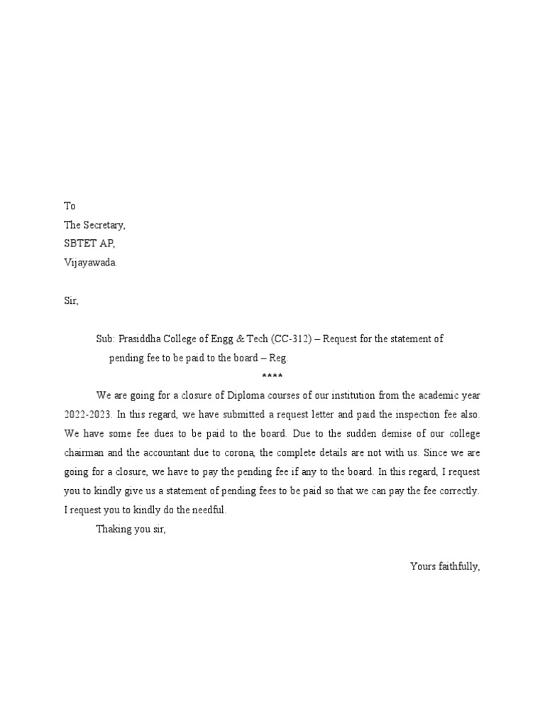 Sbtet Pending Fee Request Letter | PDF