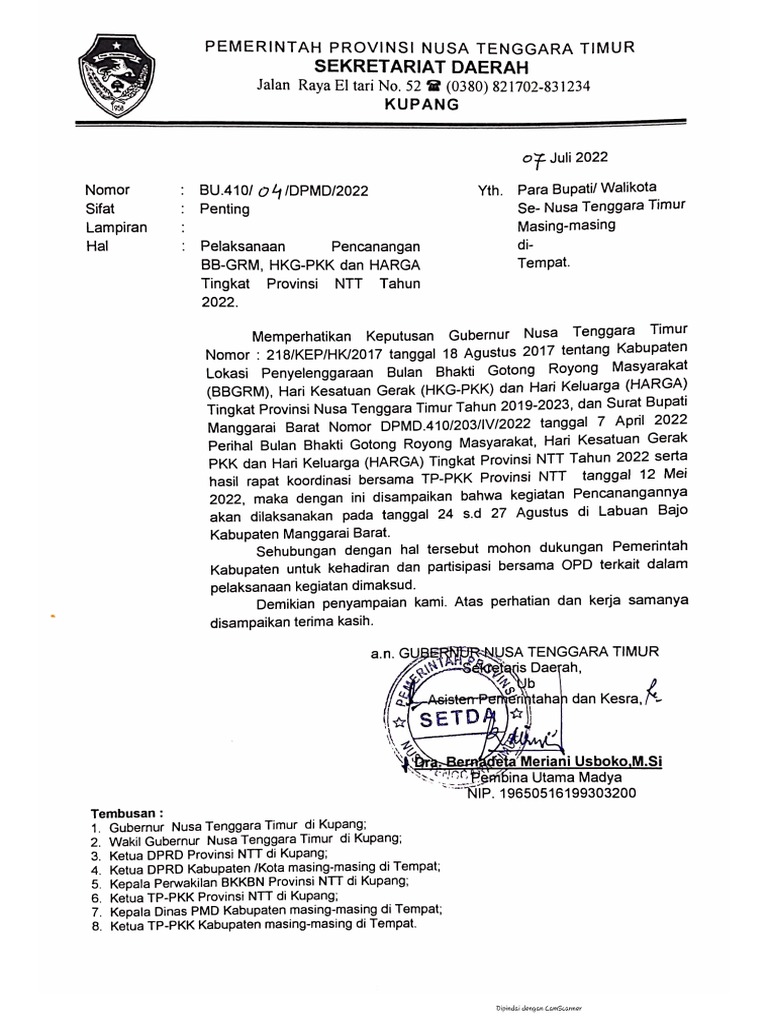 Surat Dukungan & Partisipasi PD Kegiatan BBGRM 2022 | PDF