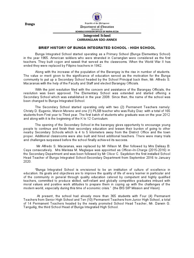 A Brief History of Bunga Integrated School - High School: From ...