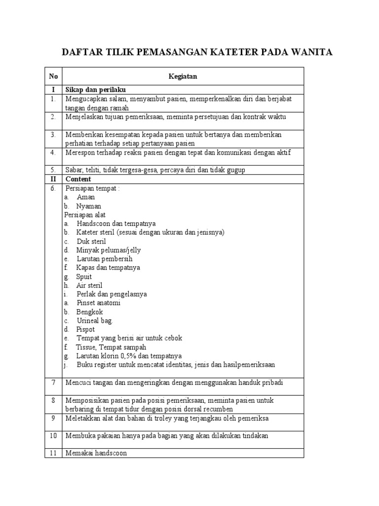 Daftar Tilik Pemasangan Kateter Pada Wanita | PDF