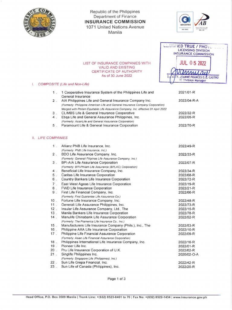 Valid Insurance Companies in the Philippines | PDF | Financial Risk ...
