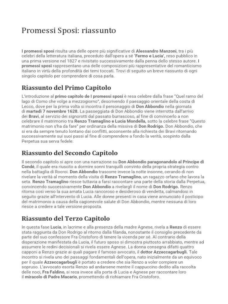 Promessi Sposi - Riassunto Capitoli | PDF