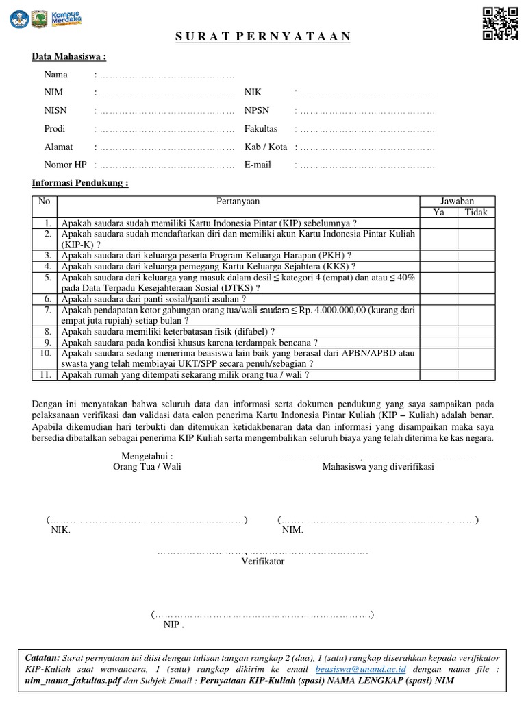 Surat Pernyataan Calon Penerima KIP-Kuliah | PDF