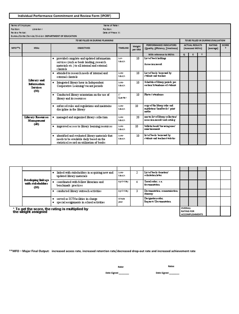 Individual Performance Commitment and Review Form (IPCRF) : Library and ...