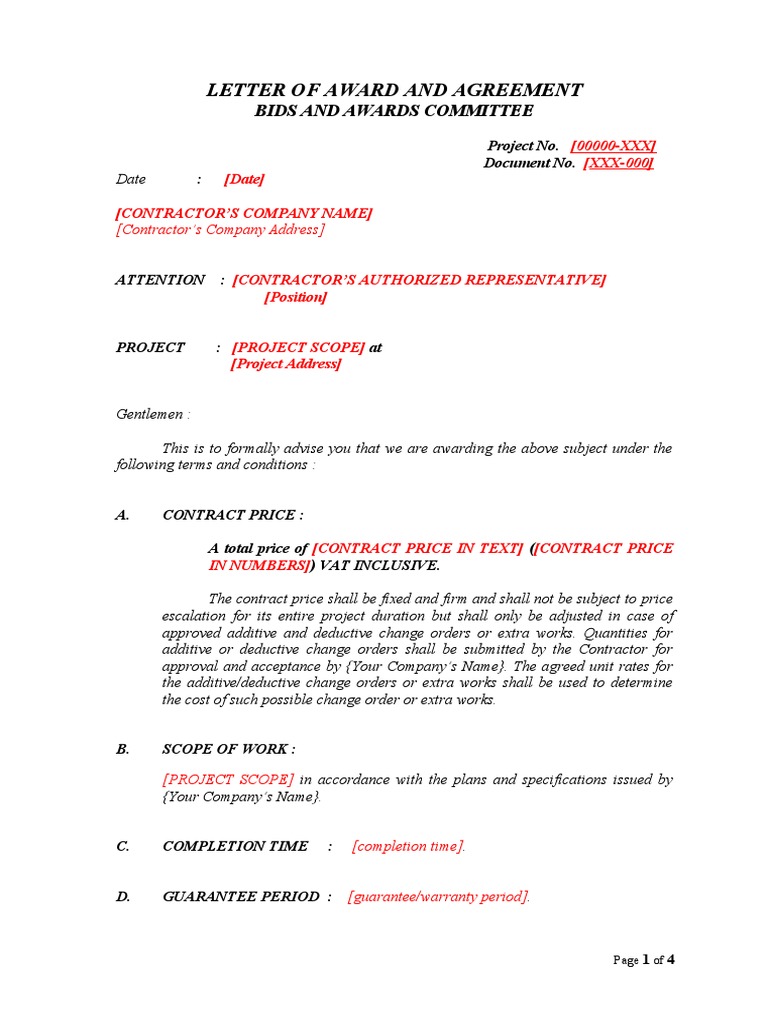 Awarding a Construction Contract for the [PROJECT SCOPE] Project | PDF ...