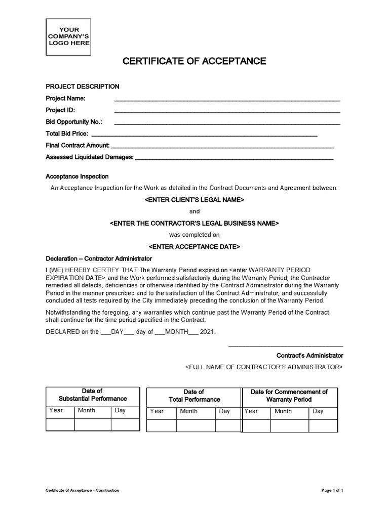 Certificate of Project Acceptance | PDF | Contract Law | Business