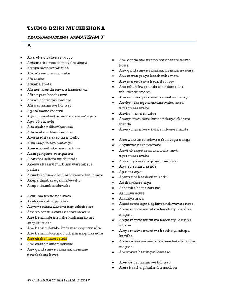 Tsumo Dziri Muchishona | PDF
