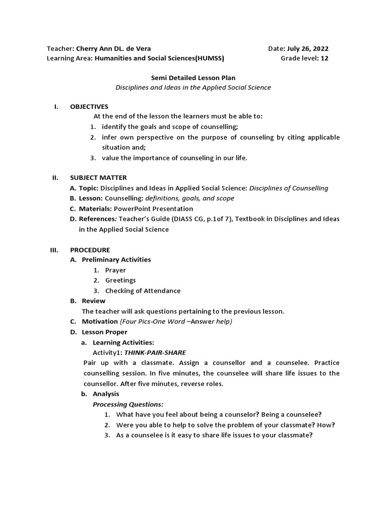 Counselling_Lesson Plan Grade12 | PDF | Lesson Plan | Science