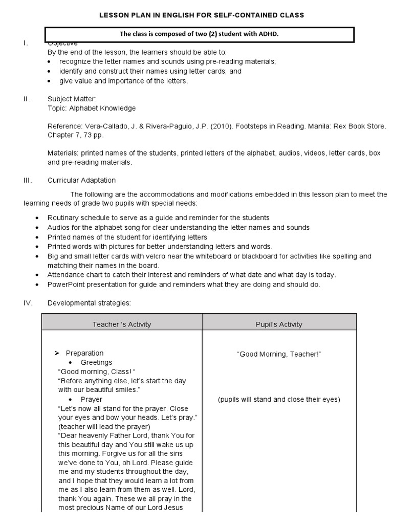 Sample Lesson Plan For Adhd | PDF | Lesson Plan | Behavior Modification