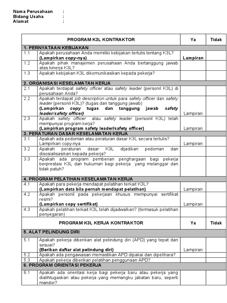 Formulir Prakualifikasi K3L Vendor | PDF